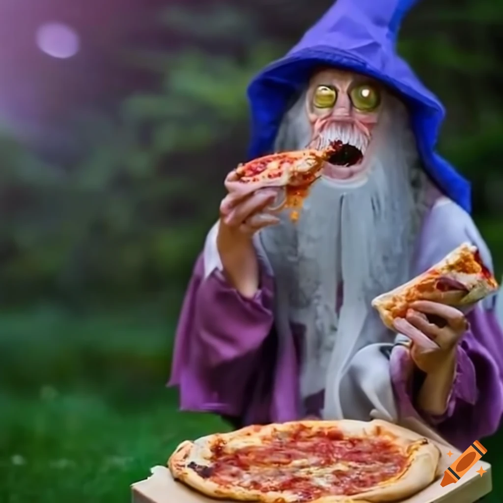 Alien and wizard enjoying pizza together on Craiyon
