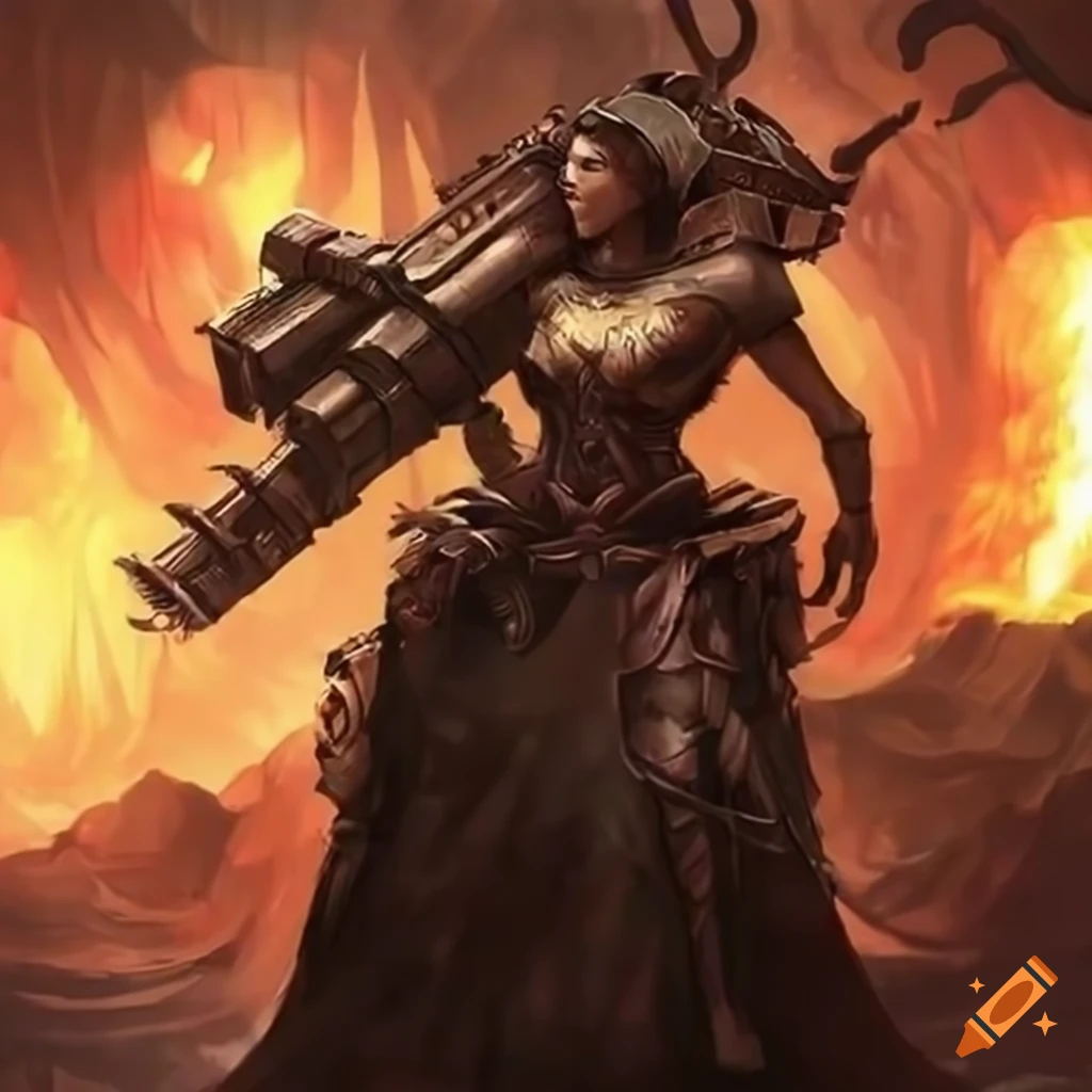 Ancient woman with gun turret tank and magic runes