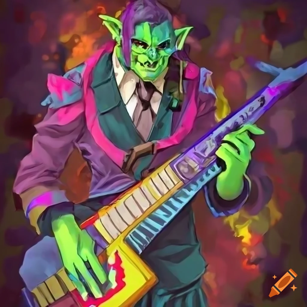 Handsome orc bard playing a keytar on Craiyon