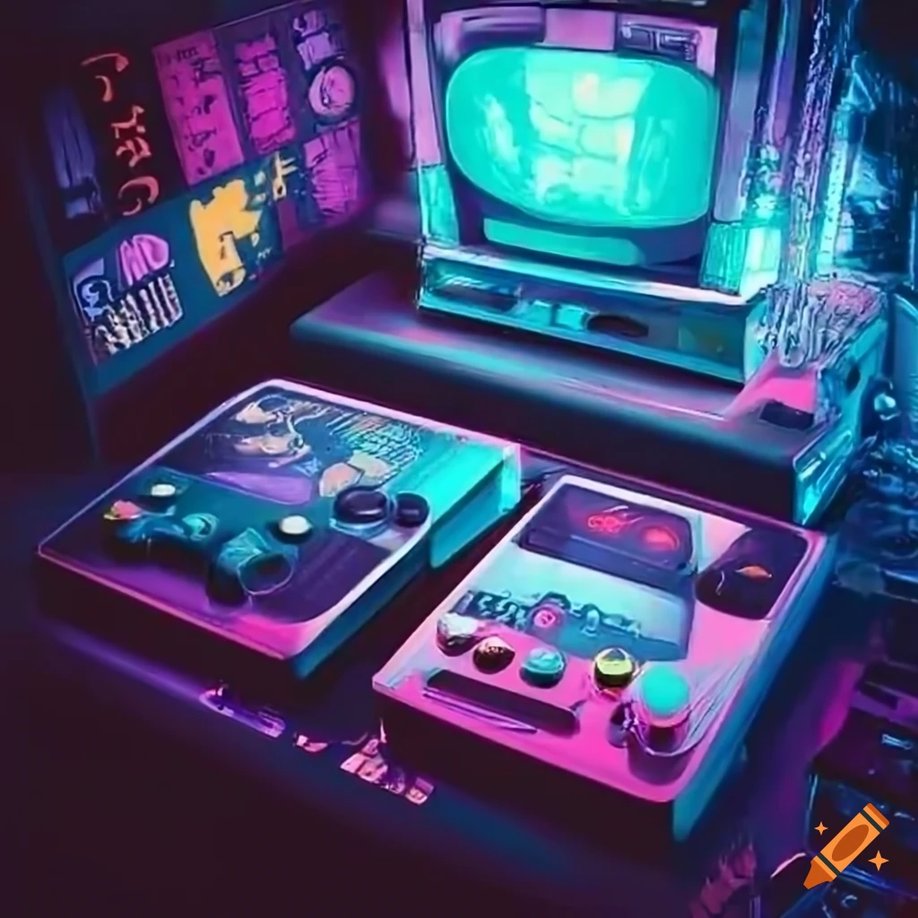 Cyberpunk retro gaming setup with joysticks and cathode TV on Craiyon