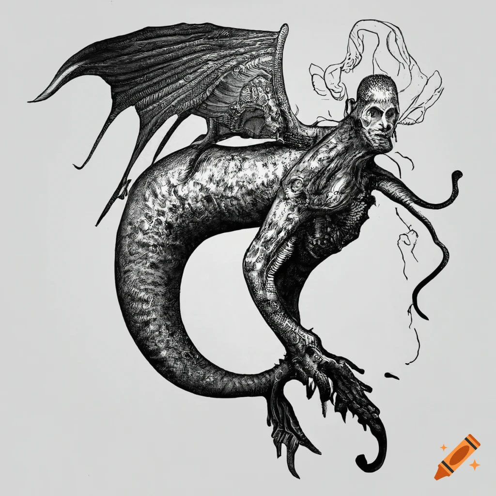 Detailed etching of a lovecraftian merman monster