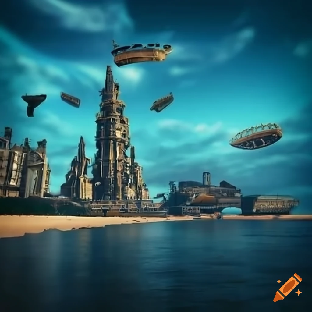 Futuristic steampunk city on the beach with flying ships on Craiyon