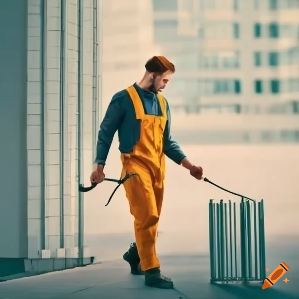 Funny image of a man walking a radiator on a leash
