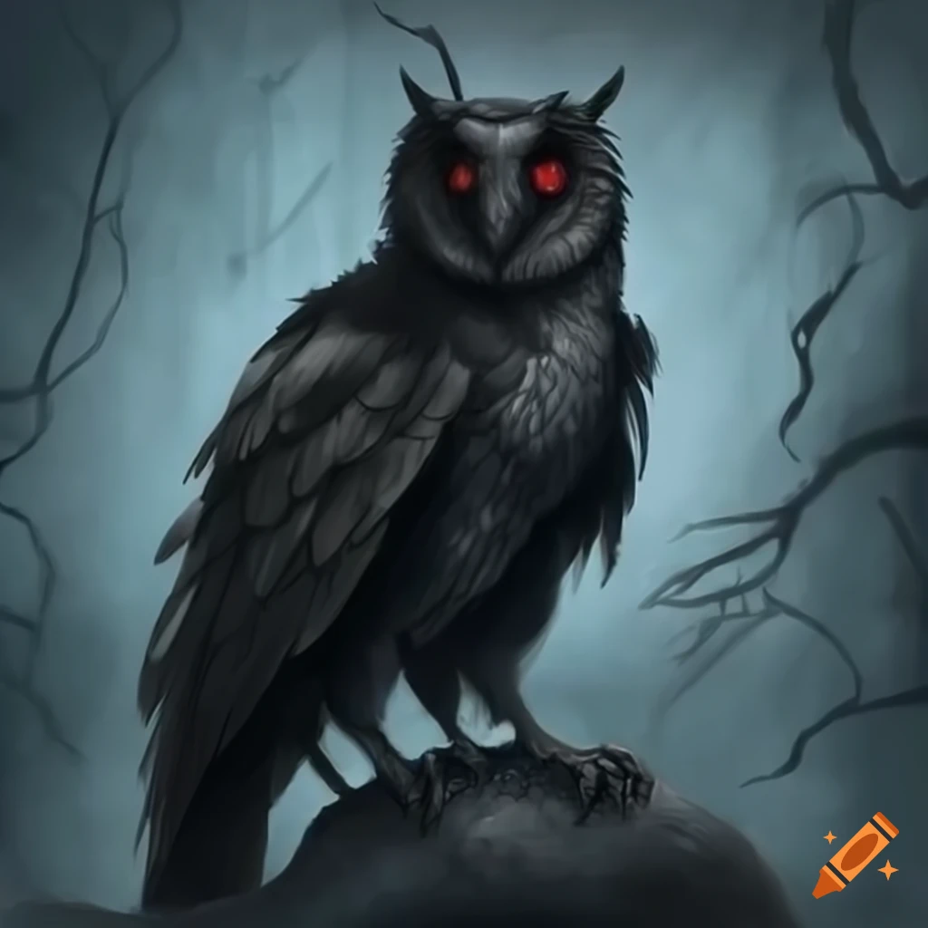 Dark imagery of a owl, raven, and snake on Craiyon