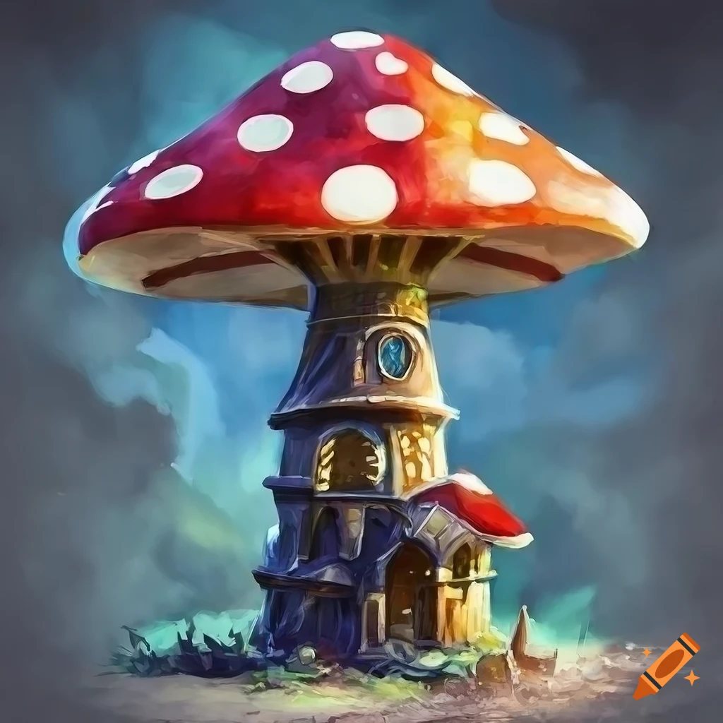 Digital painting of a mushroom wizard tower on Craiyon