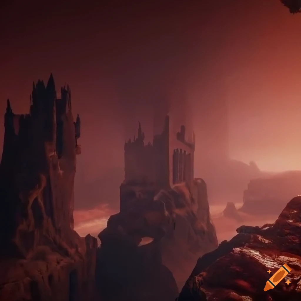 Aerial view of a dark castle in a subterranean cave