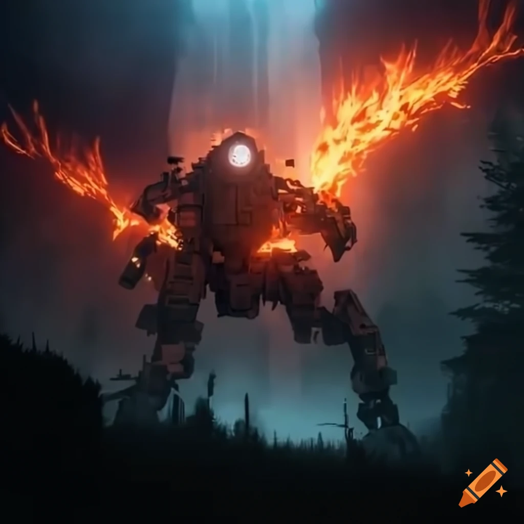 Ion titan from titanfall walking through burning forest
