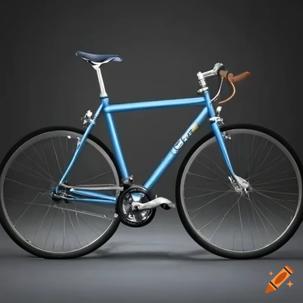 Blue steel bicycle with brown saddle and black rims