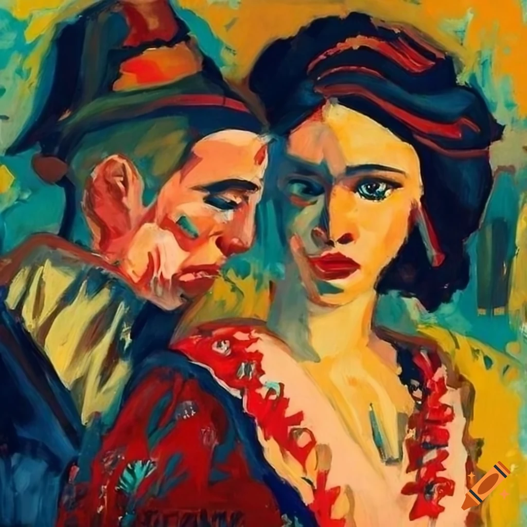 Romanian woman and american man in expressionist style