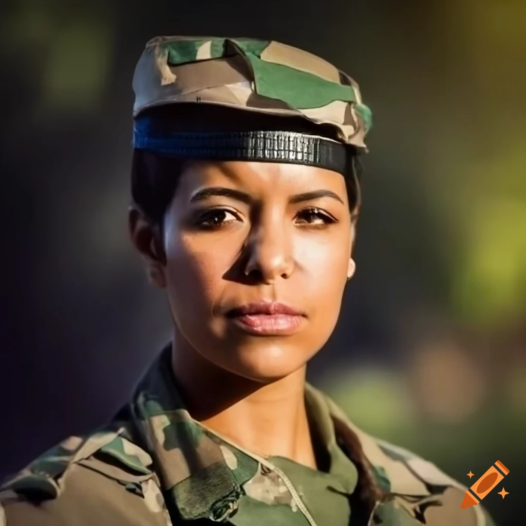 Portrait of a stern hispanic woman in military uniform on Craiyon