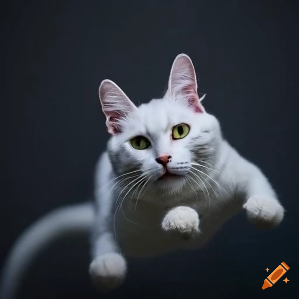Luminicent white cat floating in the dark