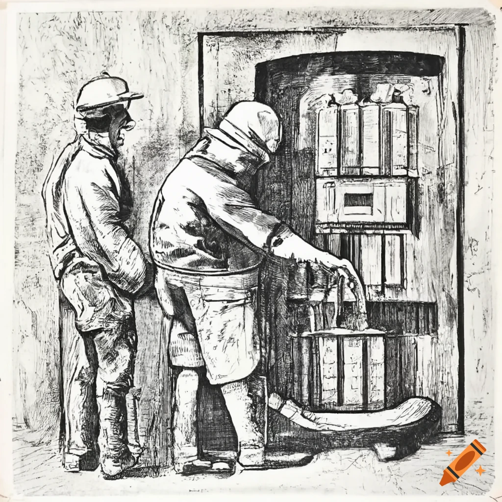 Black and white drawing of electricians working on Craiyon