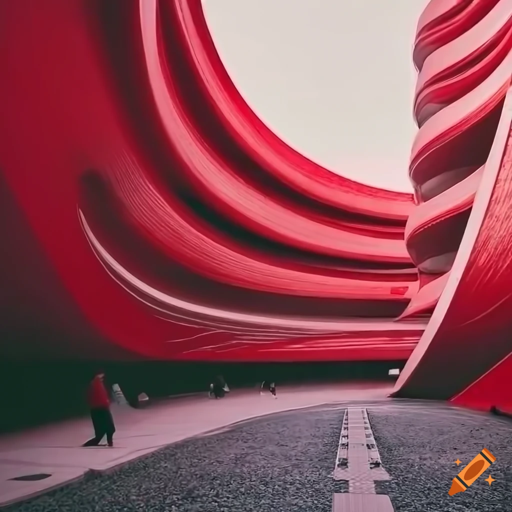 Futuristic red building in a bustling city