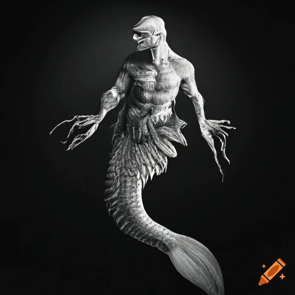 Detailed etching of a prehistoric deep sea merman on Craiyon