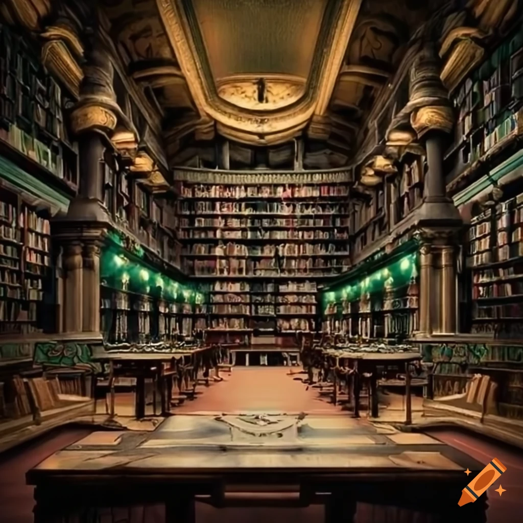 An evocative illustration of a grand library, with towering shelves of ...