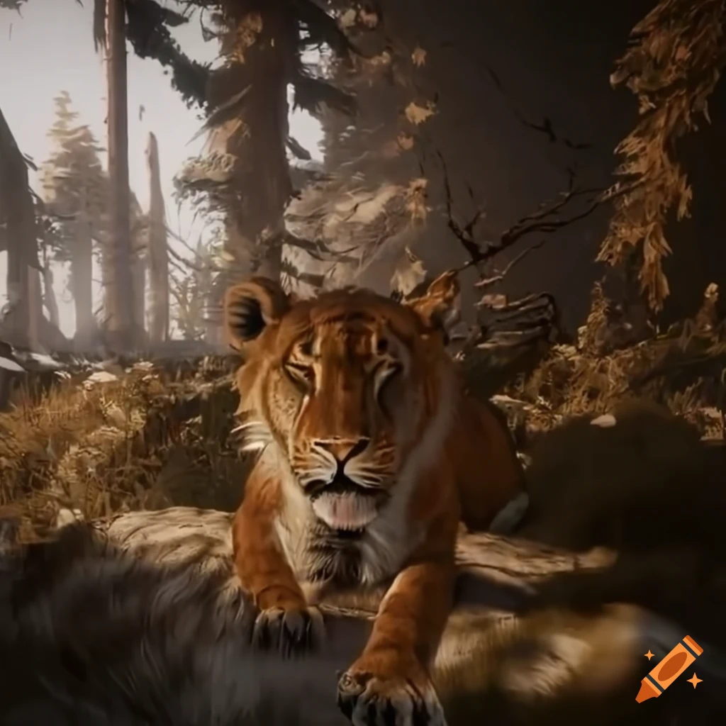 Portrait of a brown liger in a snowy taiga forest on Craiyon