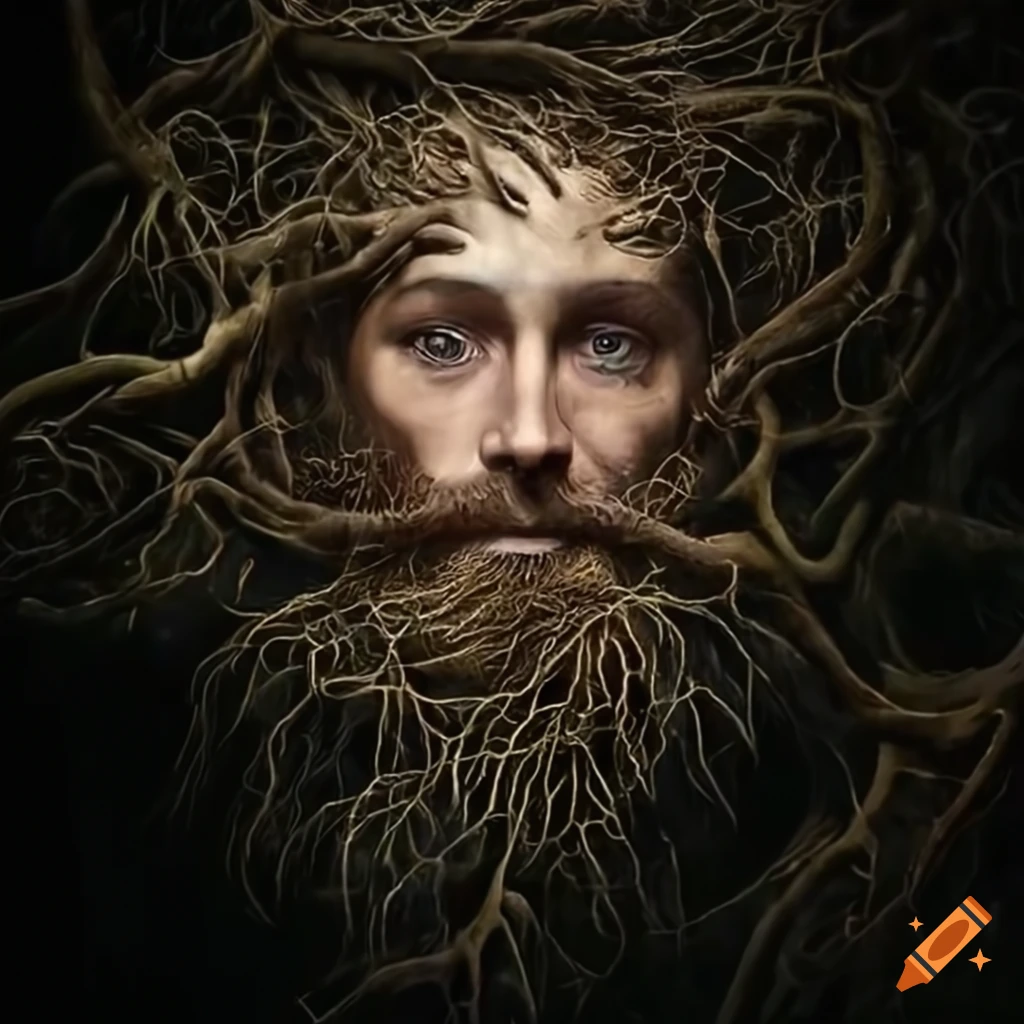 Artwork of a man's hair and beard transforming into tree roots on Craiyon