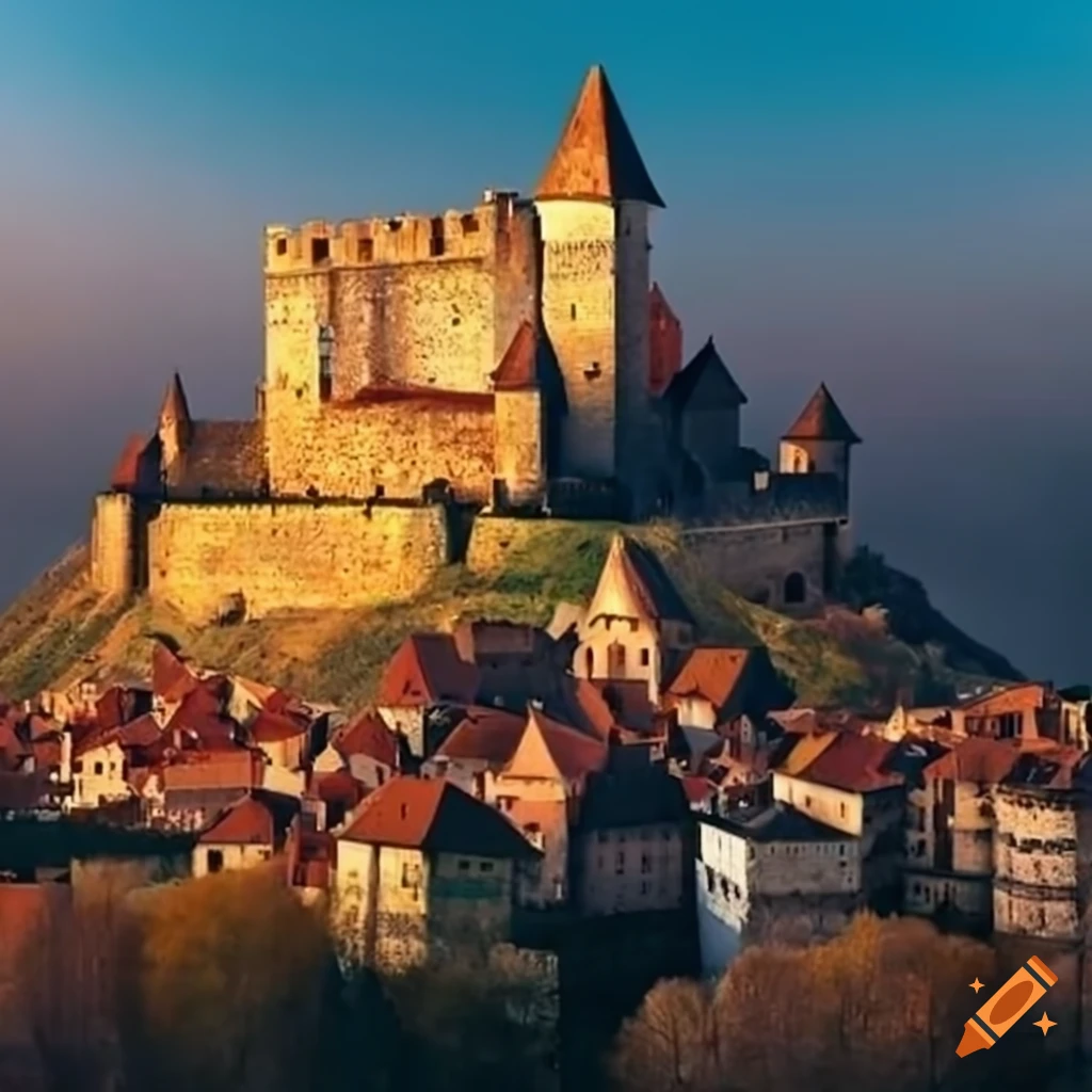 View of a medieval fortress towering over a town on Craiyon