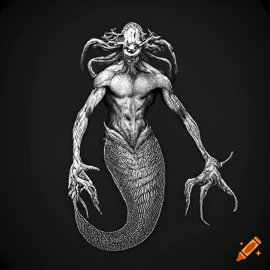 Detailed etching of lovecraftian merman monster on Craiyon