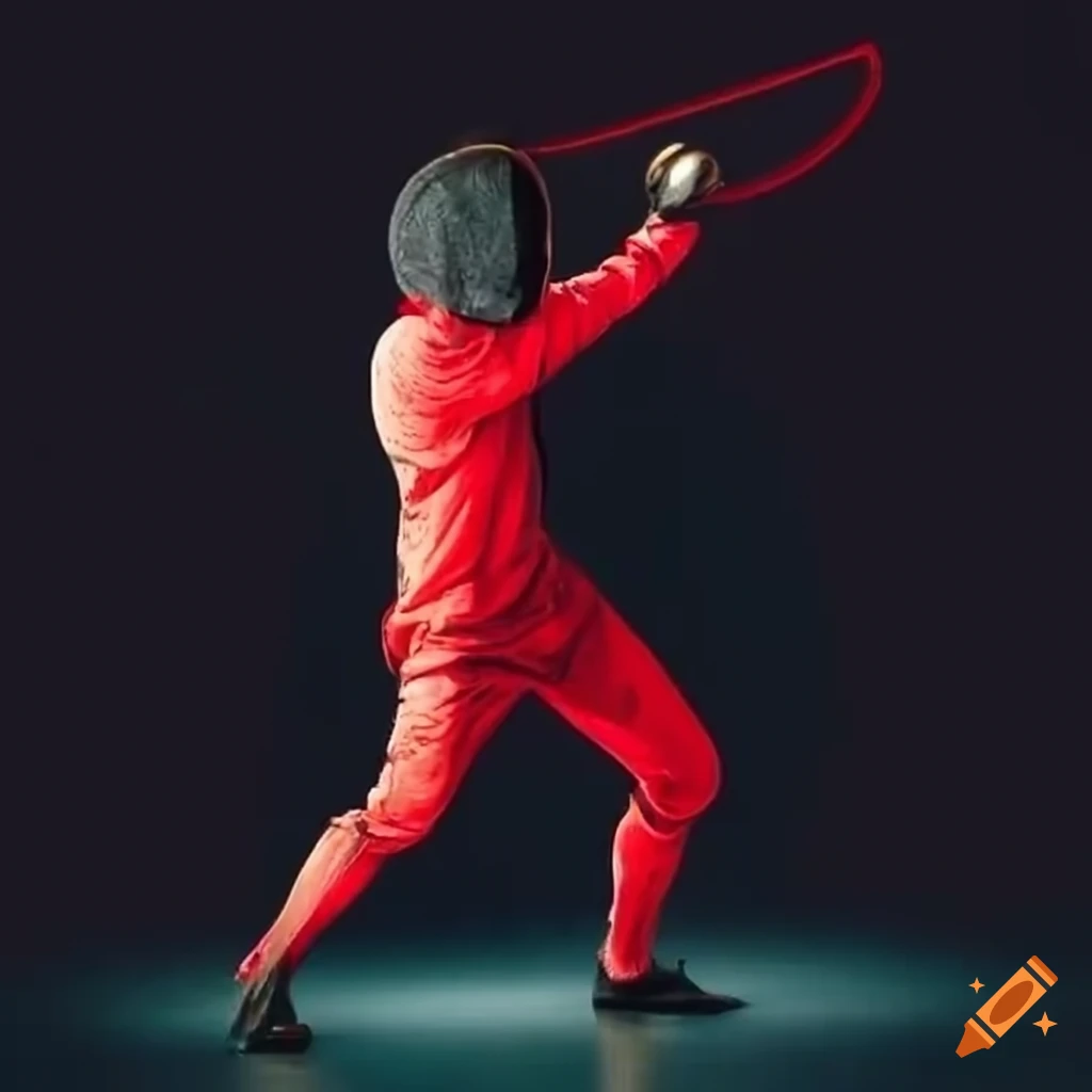 Close-up of a fencer holding a red épée sword on Craiyon