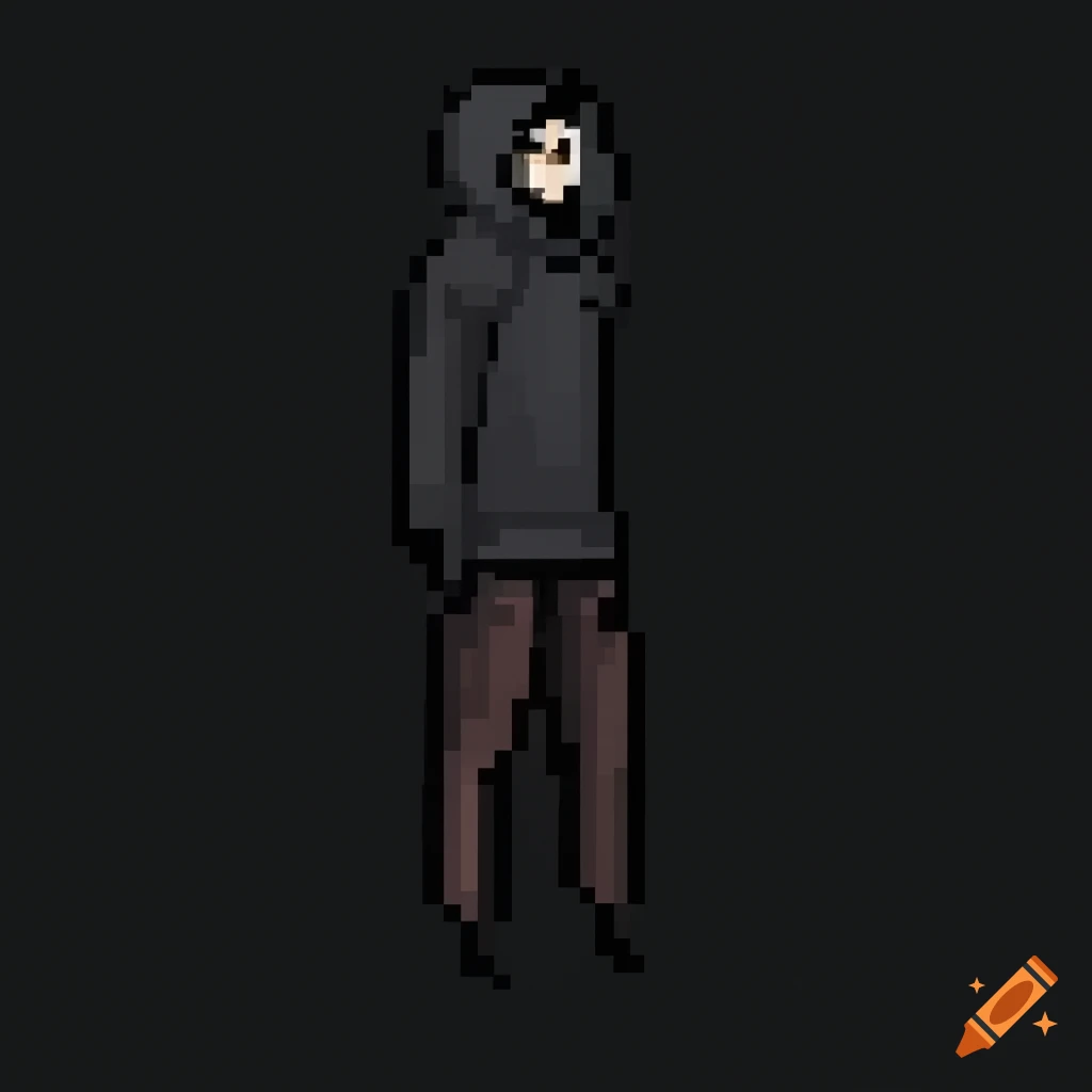 Pixel art of a stylish man in a dark hoody on Craiyon