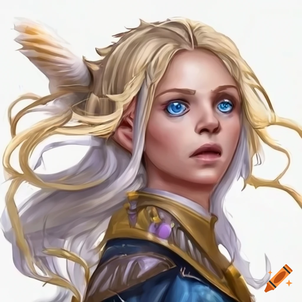Image of a blue-eyed blonde aasimar on Craiyon