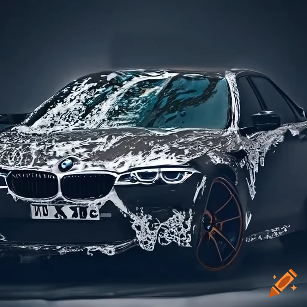Clean bmw m5 covered in soap suds on Craiyon