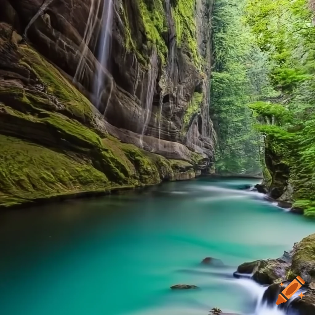 Stunning view of waterfalls and cliffs in a mountainous chasm on Craiyon