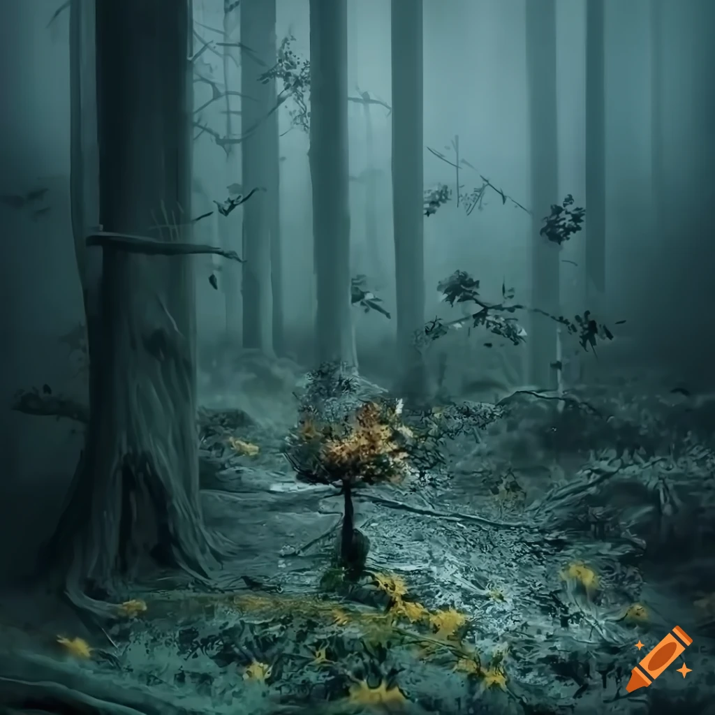 Hyperrealistic sketch art of a post-apocalyptic forest at night with ...