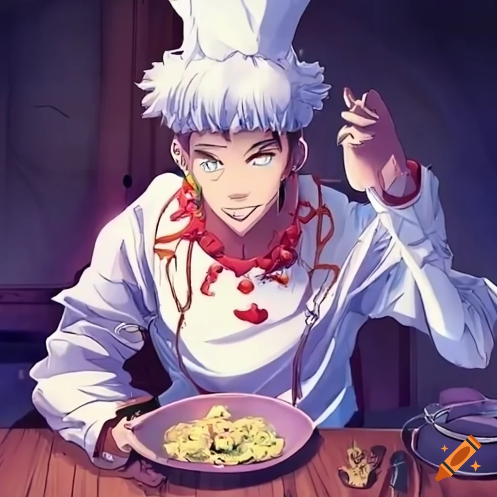Anime portrait of a man enjoying a gourmet dish on Craiyon