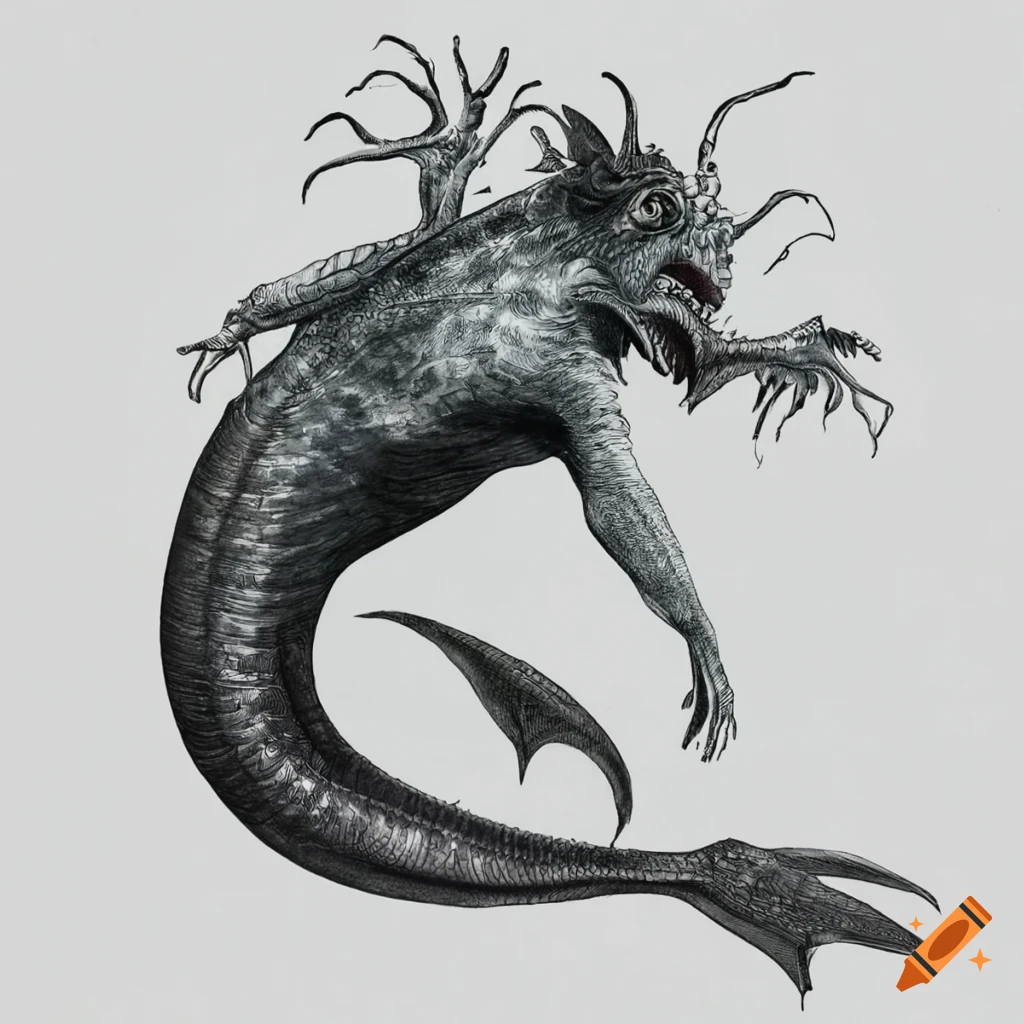 Detailed etching of two deep sea merman monsters on Craiyon