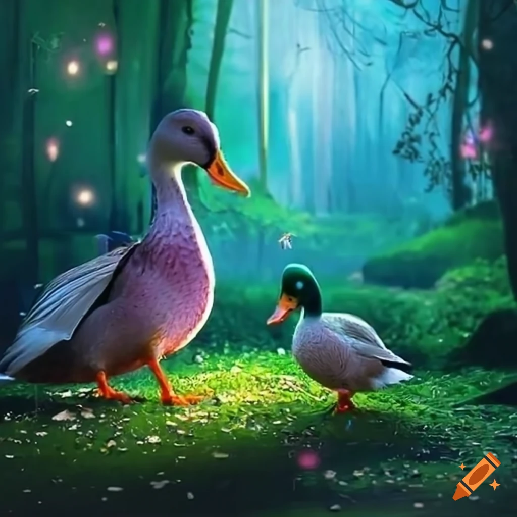 Green duck opening a mysterious box in a dark forest setting on Craiyon