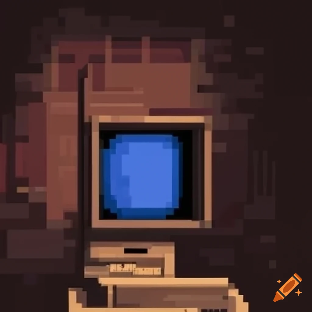 Pixel art of a macintosh computer in a stone age house