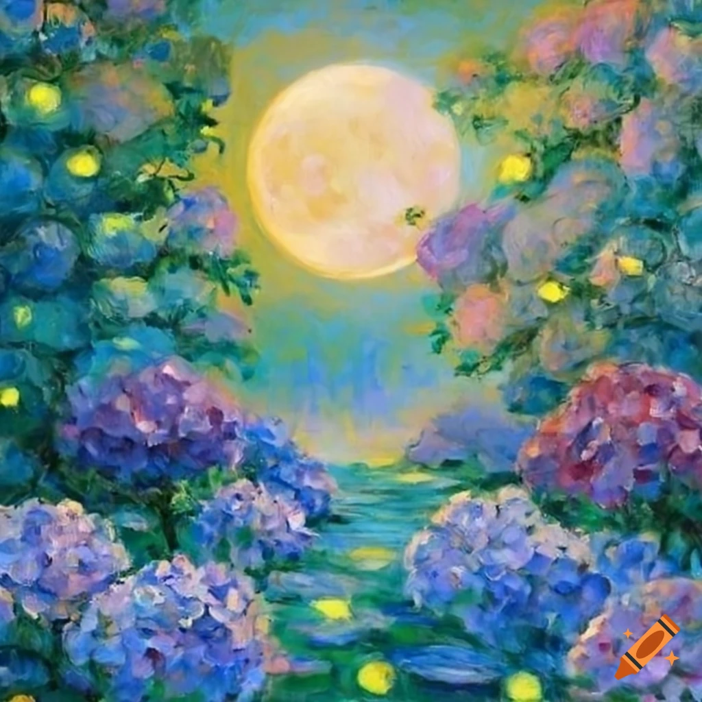 Monet painting of a dreamy garden with hydrangeas and fireflies on Craiyon
