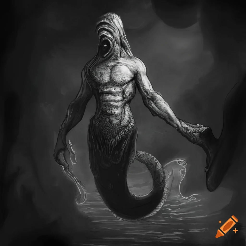 Detailed etching of a lovecraftian merman monster on Craiyon