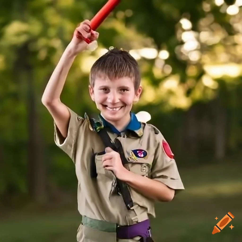 Smiling scout with a flag on a patrol baton on Craiyon