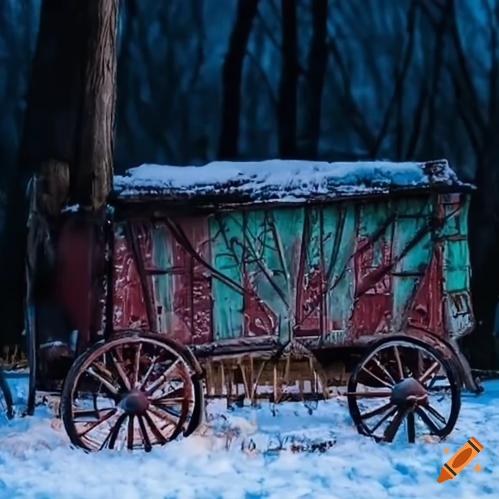Photo of a decaying snow-covered circus wagon on Craiyon