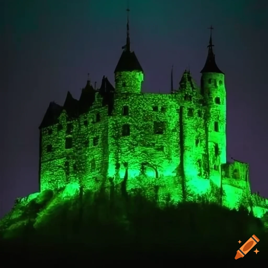 Night scene of an old castle illuminated in green