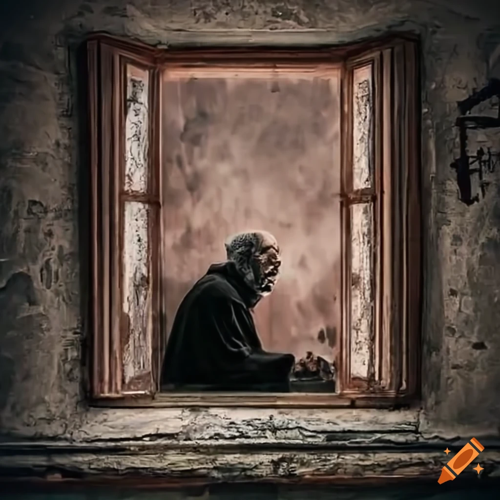 Spooky old man looking out from a mansion window