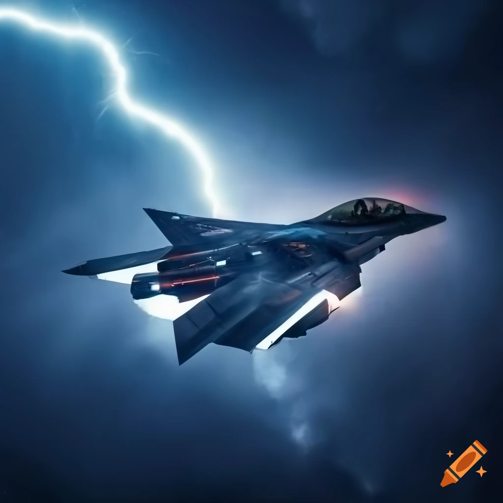 Night-time fighter jet soaring through the clouds on Craiyon