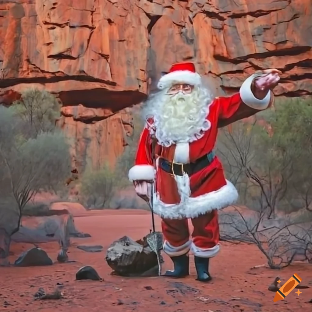 Santa claus exploring rocks in the outback on Craiyon