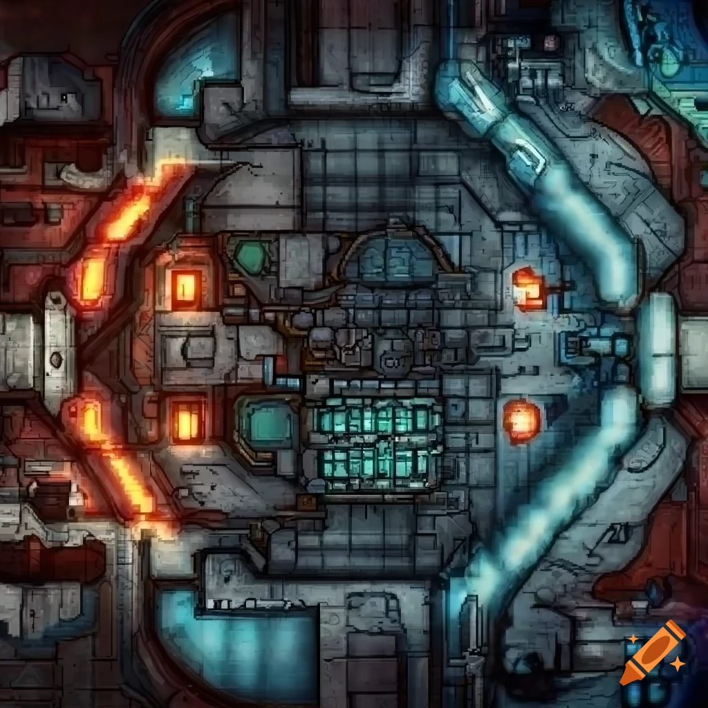 Top down battlemap of a derelict space station with rust and debris on Craiyon