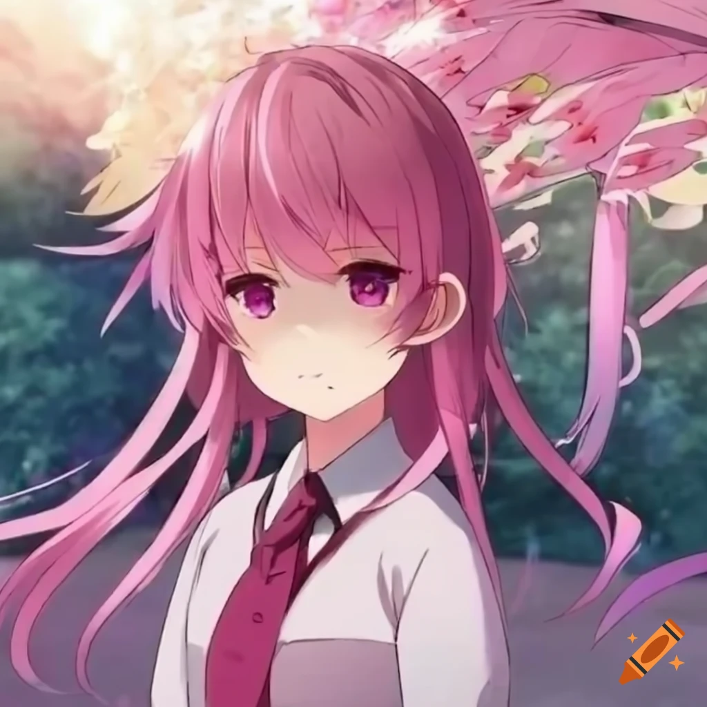 Anime illustration of a girl with brown hair and pink highlights