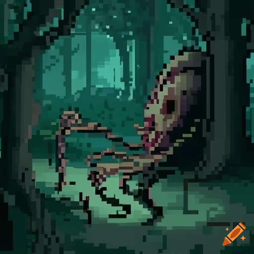 Pixel art of a creepy parasite monster in a dark forest