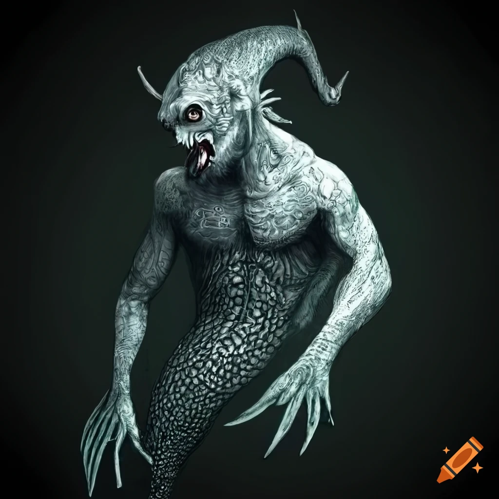 Detailed etching of a prehistoric deep sea merman on Craiyon