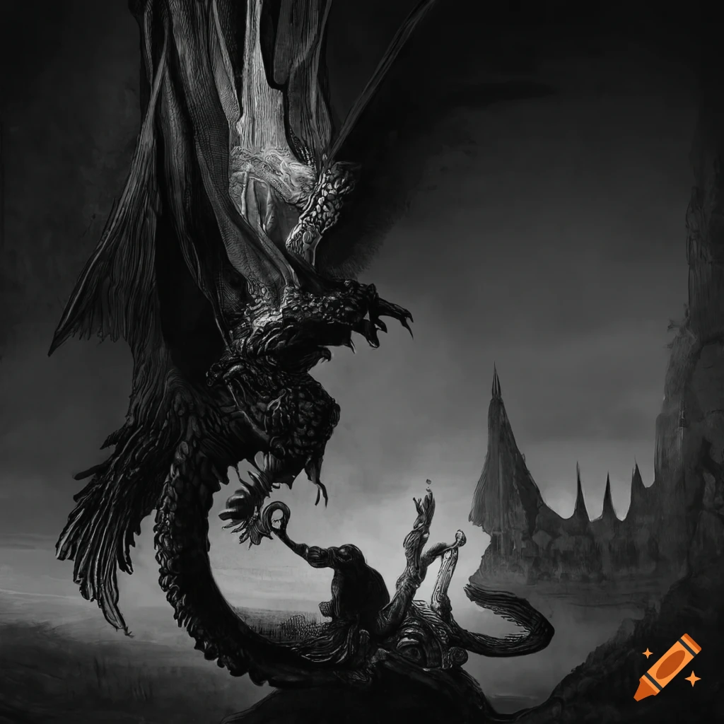 Illustration of a flying dragon demon by Gustave Doré on Craiyon