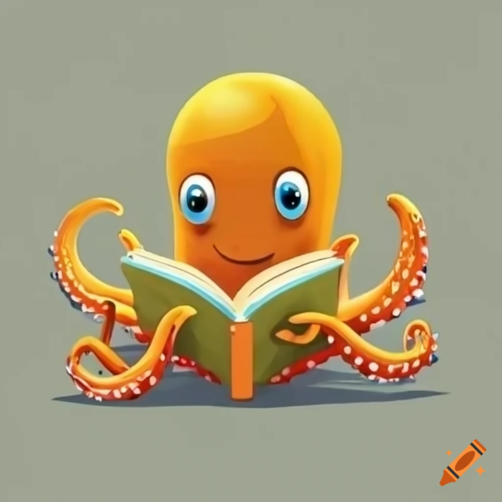 Cute cartoon octopus reading a book on Craiyon
