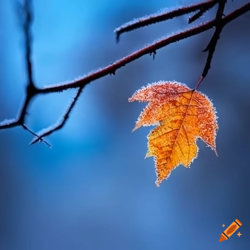 Close-up of frost-covered autumn leaves and branches