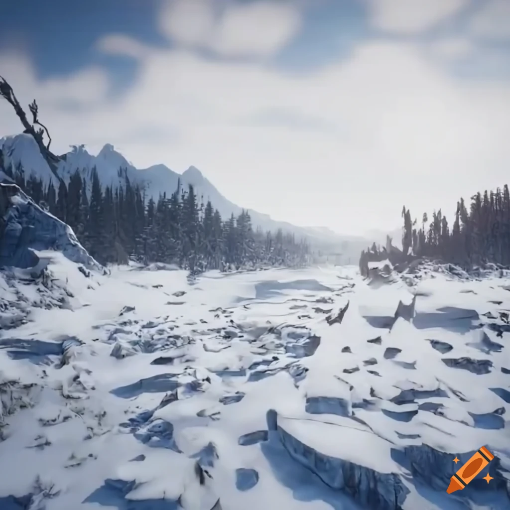 Brown liger on snow field with taiga forest and snowy mountains in the ...