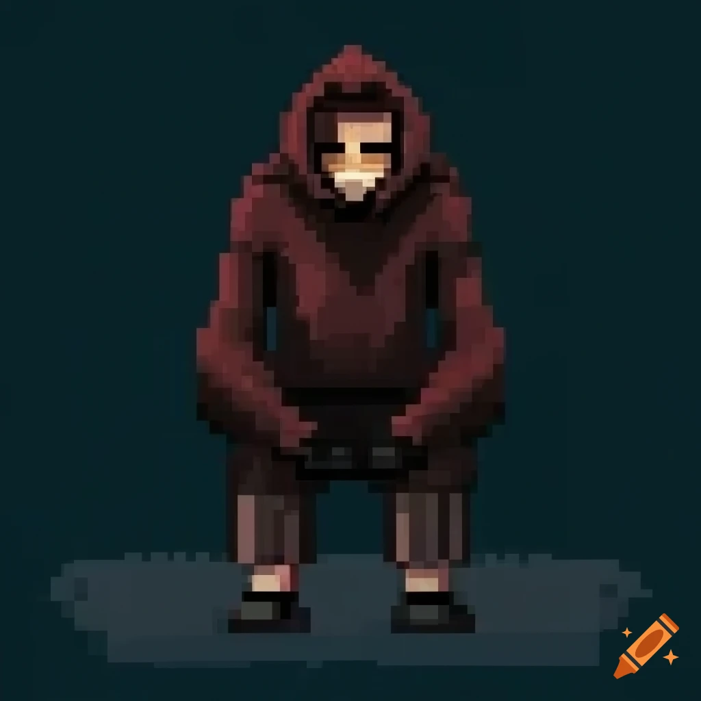 Pixel art of a post-apocalyptic mysterious man in a brown robe on Craiyon